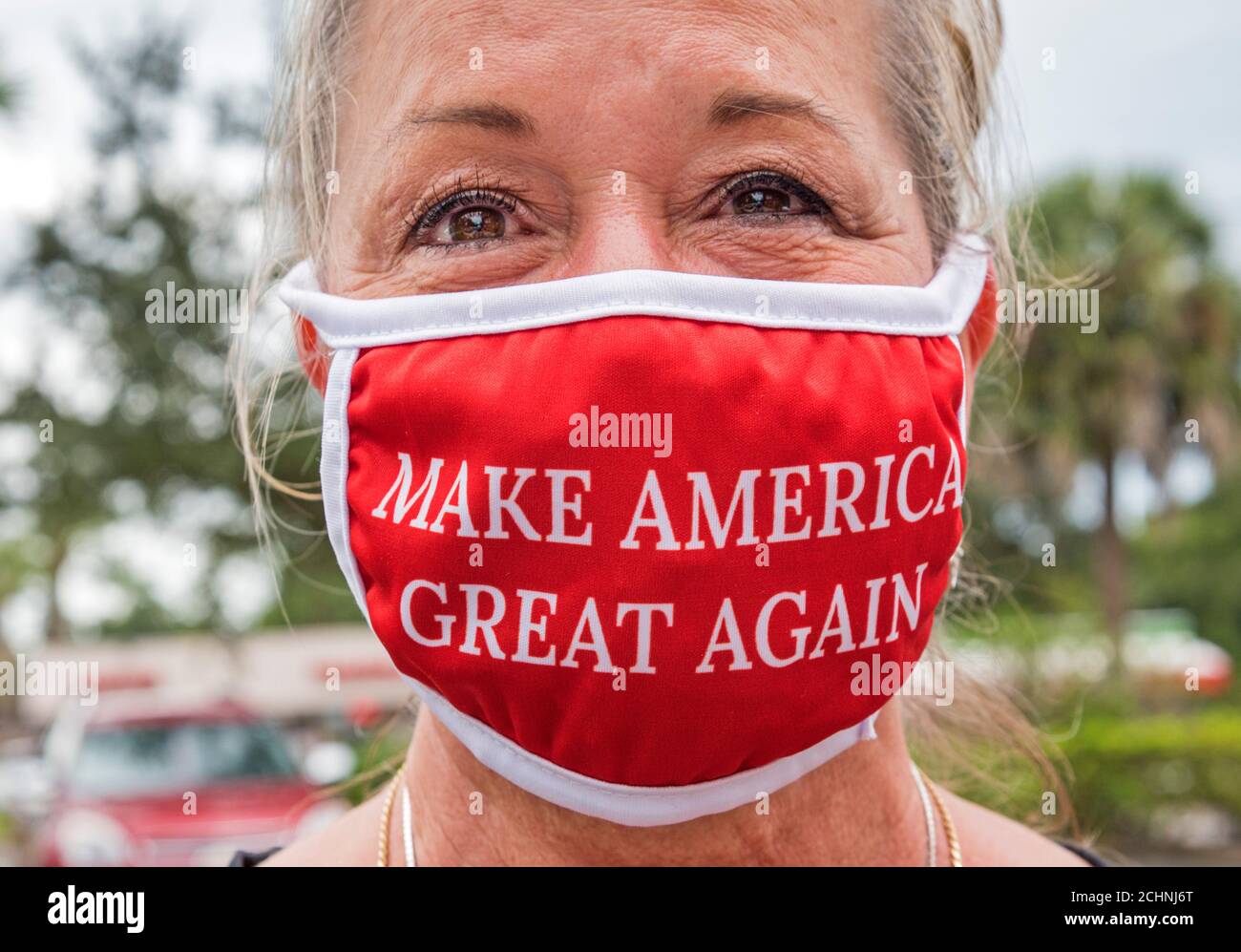 Woman wearing a MAGA mask during the Covid 19 Pandemic in Florida ...