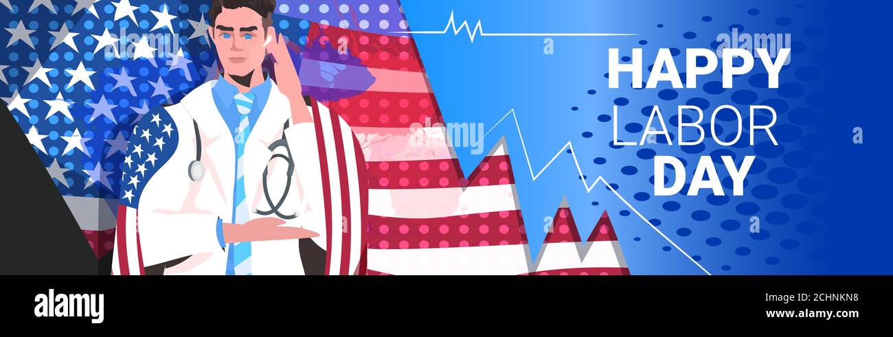 doctor with USA flag holding stethoscope labor day celebration ...