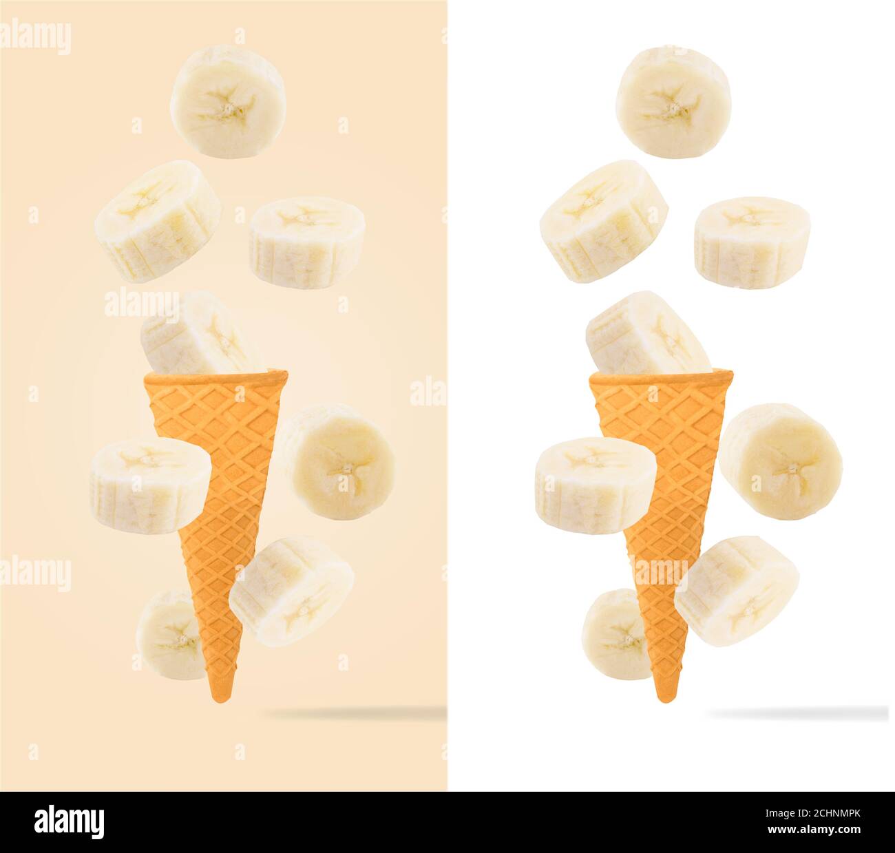 ice cream cones with ingredients falling in motion Stock Photo - Alamy