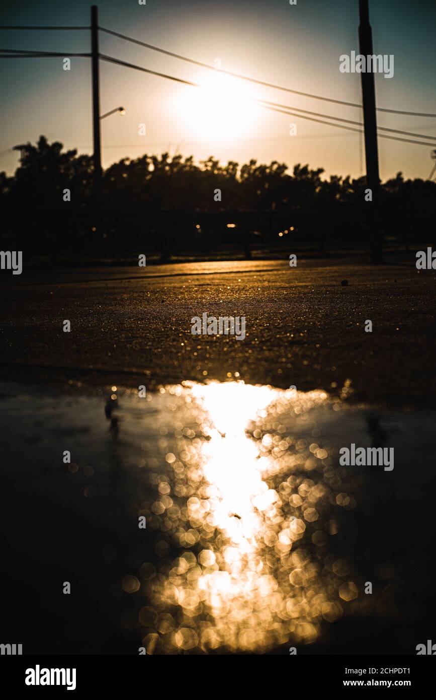 Mesmerizing view of a reflection of sunlight in a puddle of water Stock ...