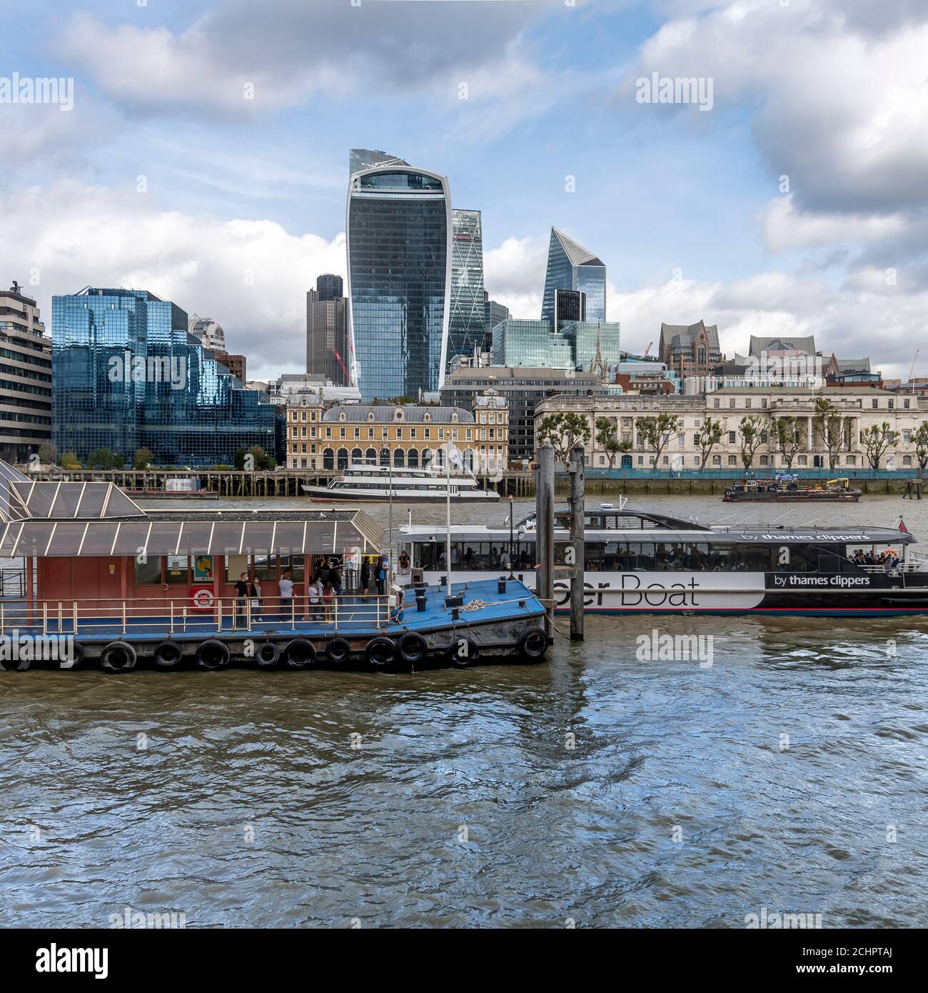 London cityscape, shot from the Southbank. The well-known buildings ...