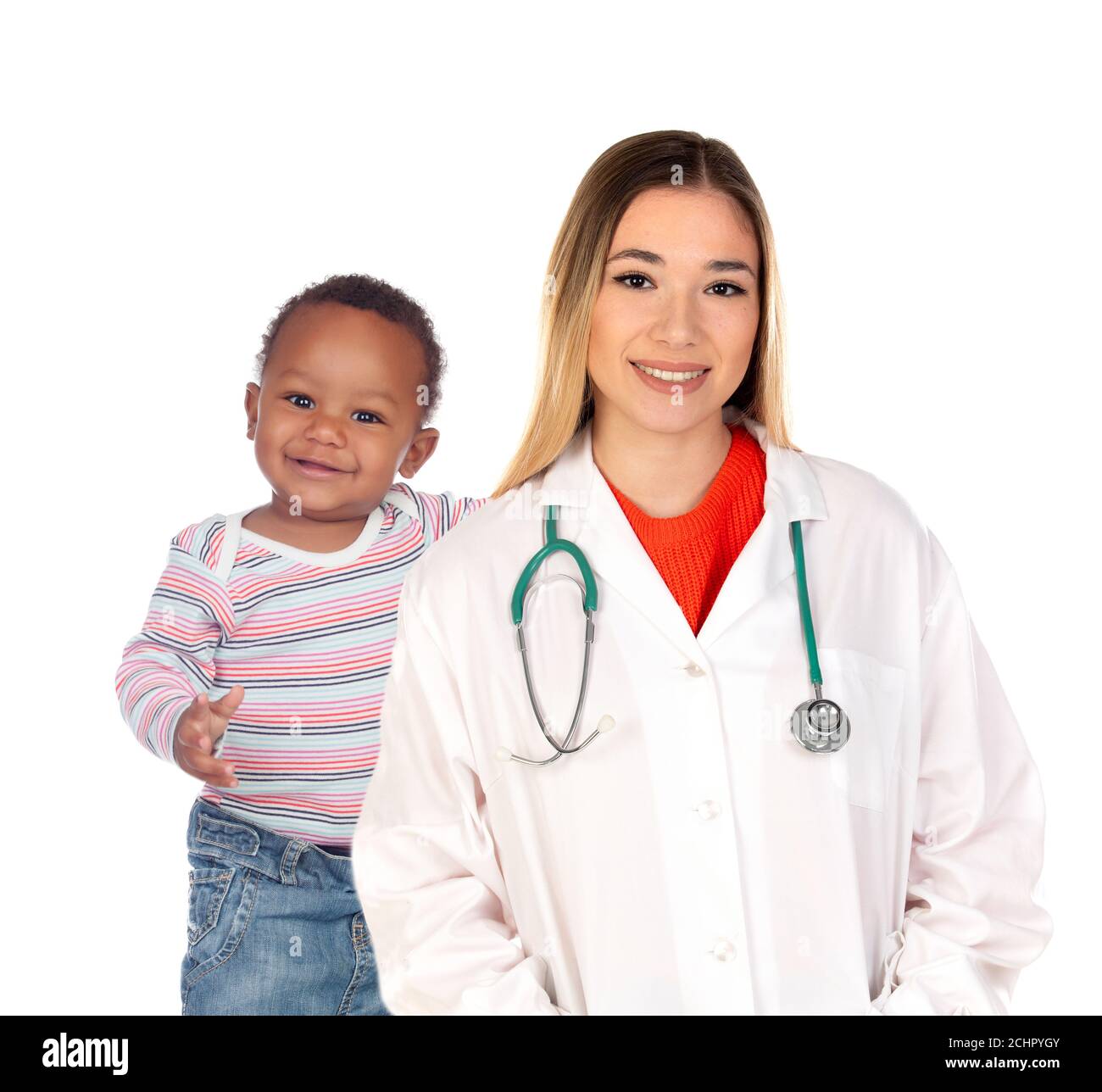Blonde doc with a beautiful baby isolated on a white background Stock ...