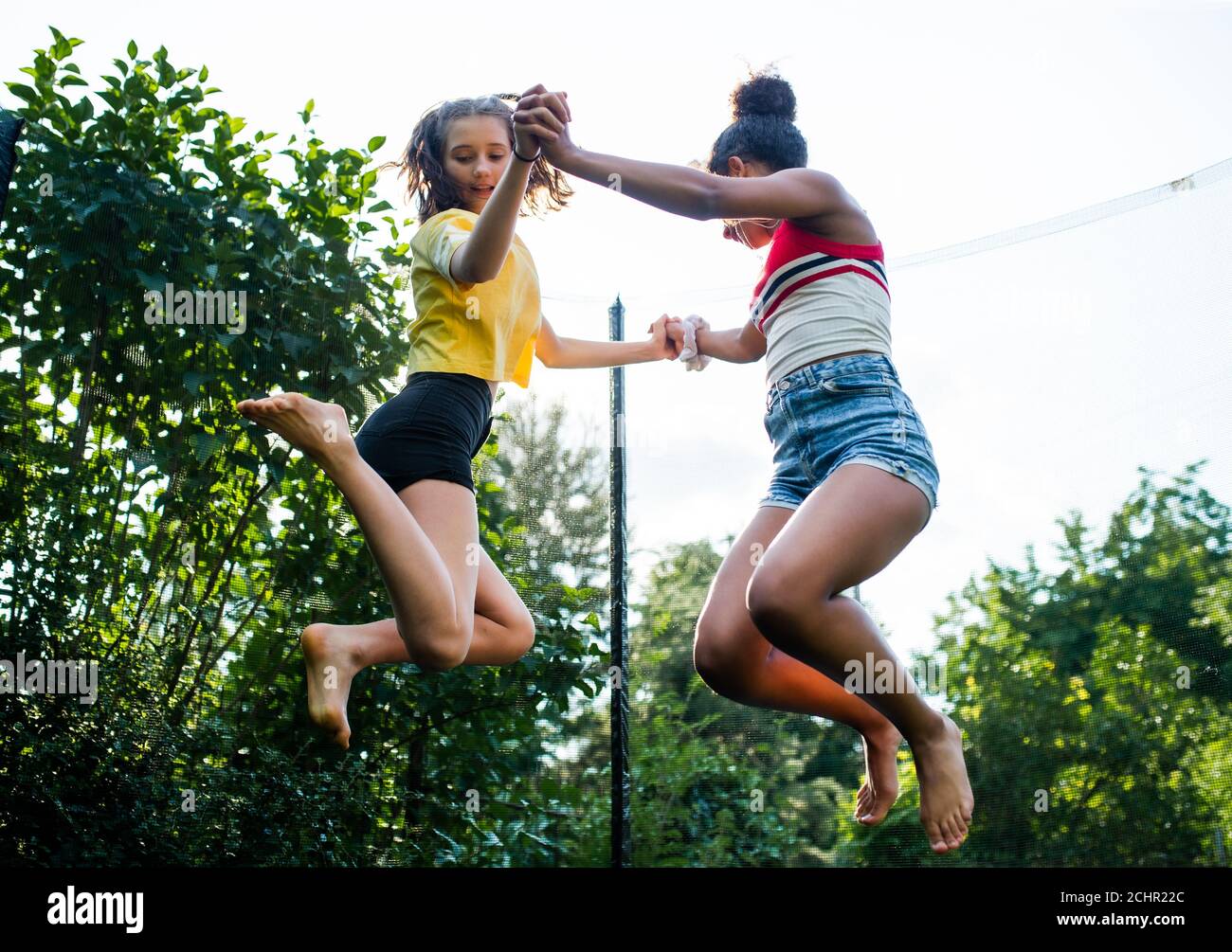 Low angle view of young teenager girls friends outdoors in garden ...