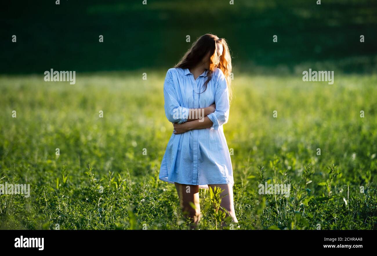 Portrait of young teenager girl outdoors in nature on meadow Stock ...