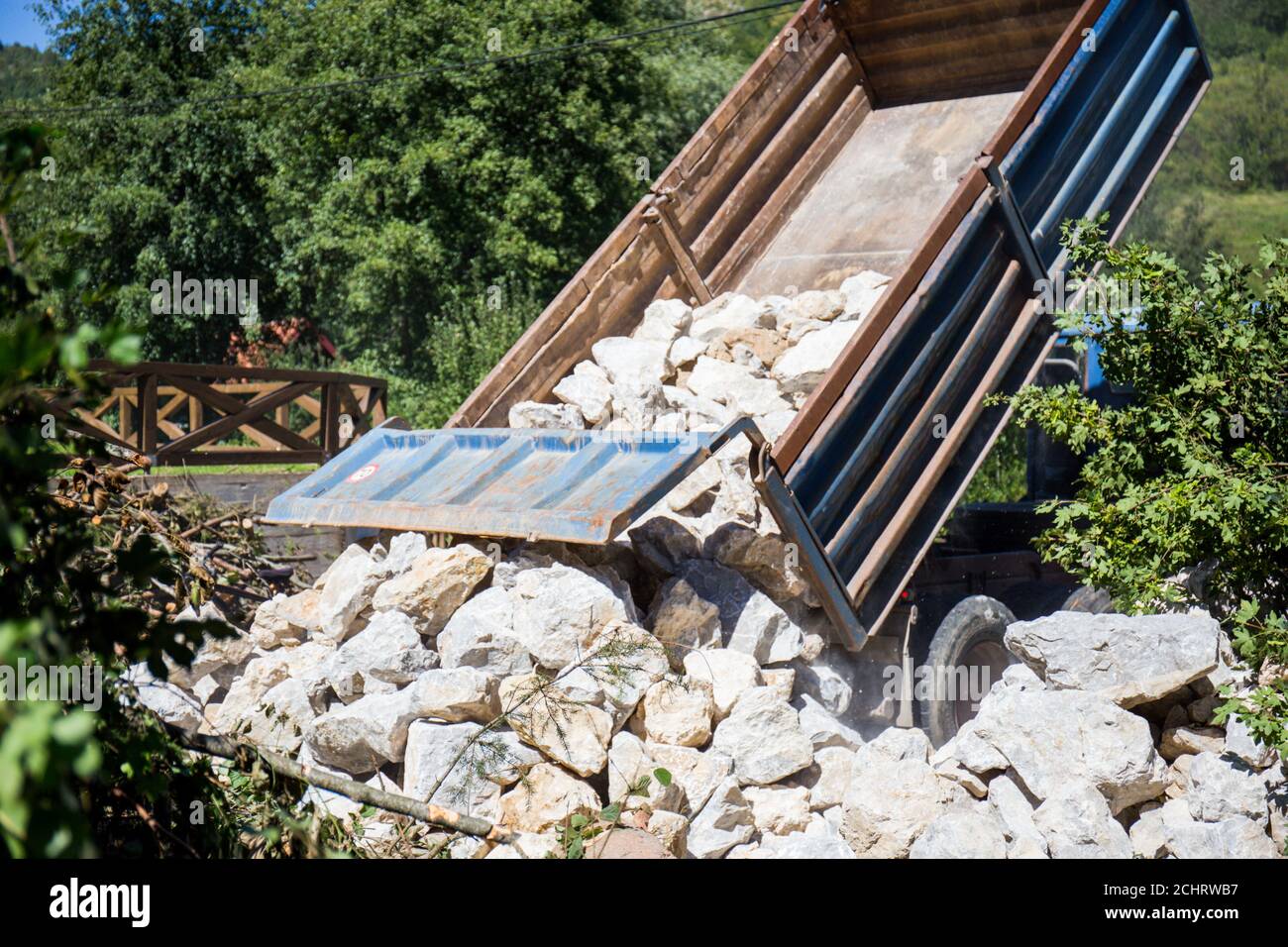 Cargo truck, tipper, unloading construction material, masonry stone ...