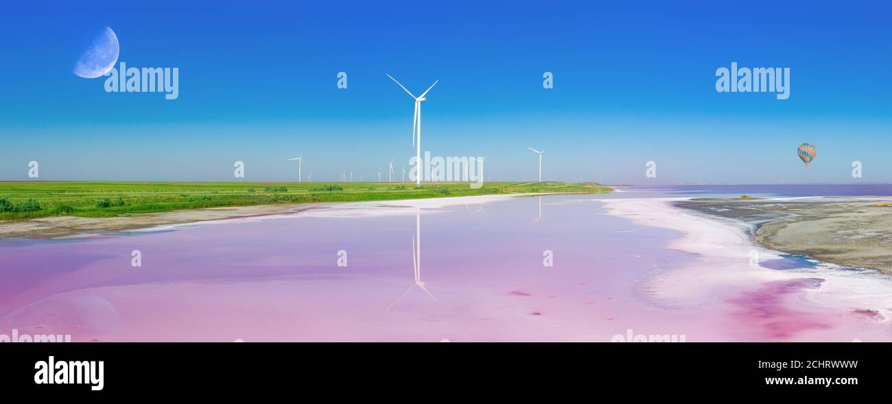 Wind farms on the shores of Pink Lake Stock Photo - Alamy
