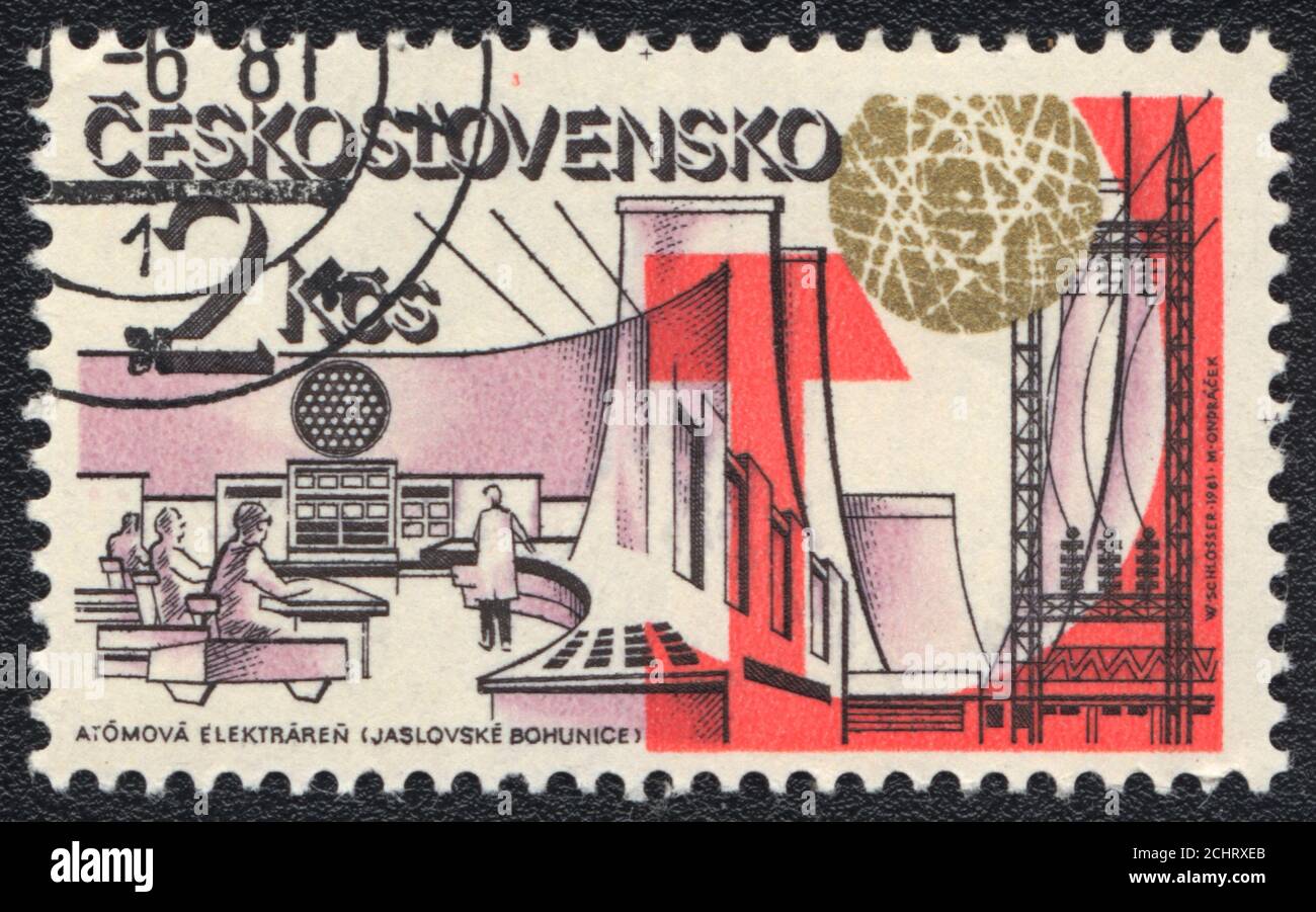 A stamp printed in Czechoslovakia shows Bohunice Nuclear Power Plant ...