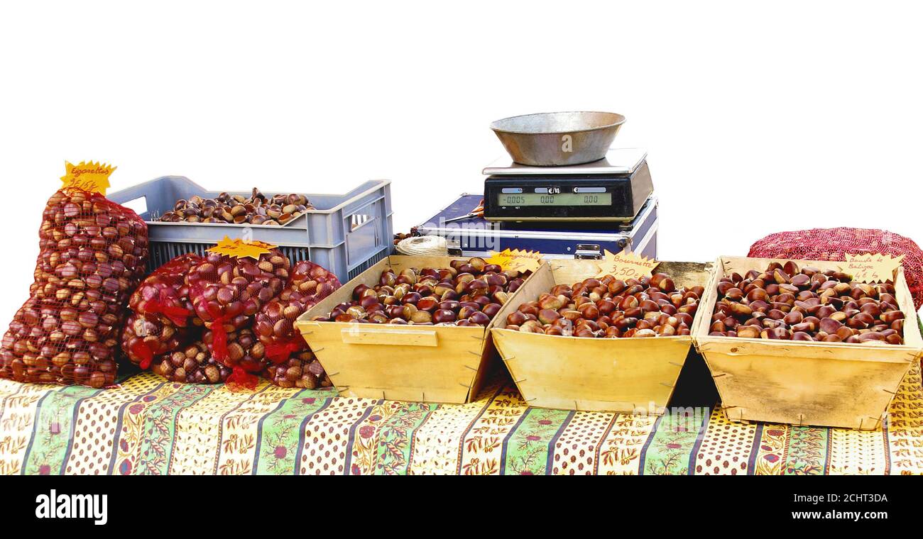 Chestnut stall at the market on a white background Stock Photo - Alamy