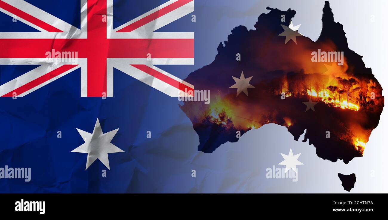 Australia silhouette representing wildfires.Environmental disaster ...