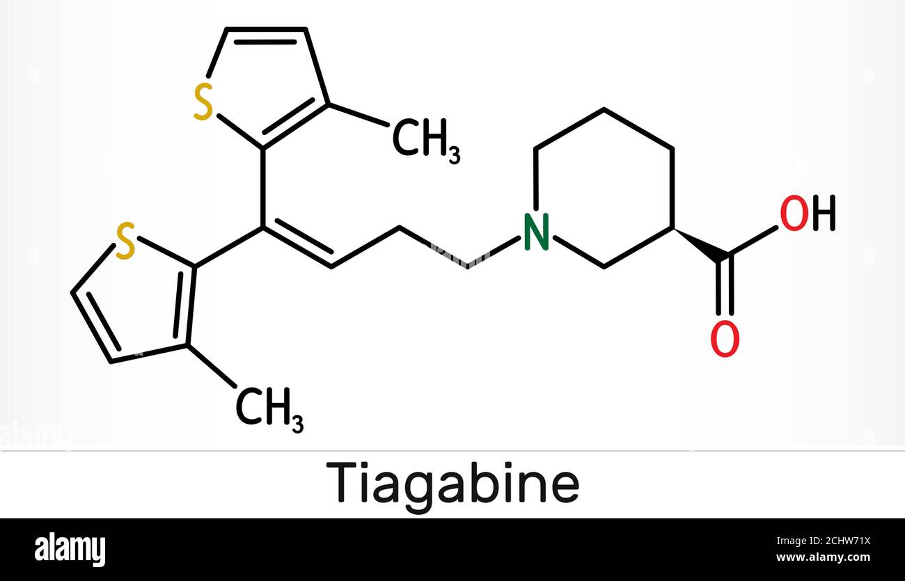 Tiagabine, C20H25NO2S2 molecule. It is anticonvulsant medication, is ...