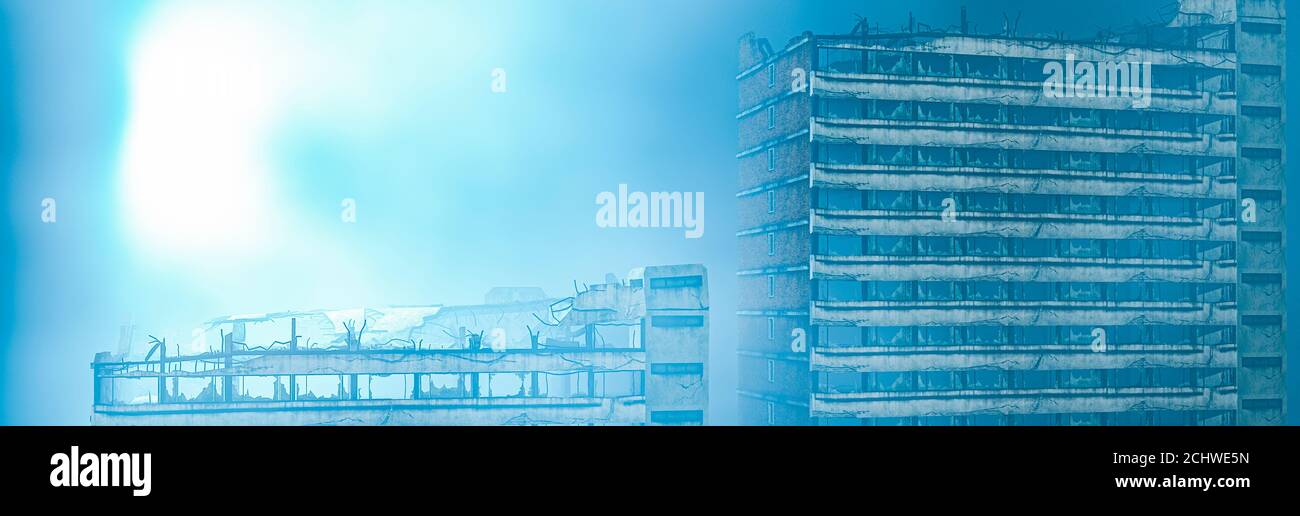 3d illustration of destroyed buildings Stock Photo - Alamy
