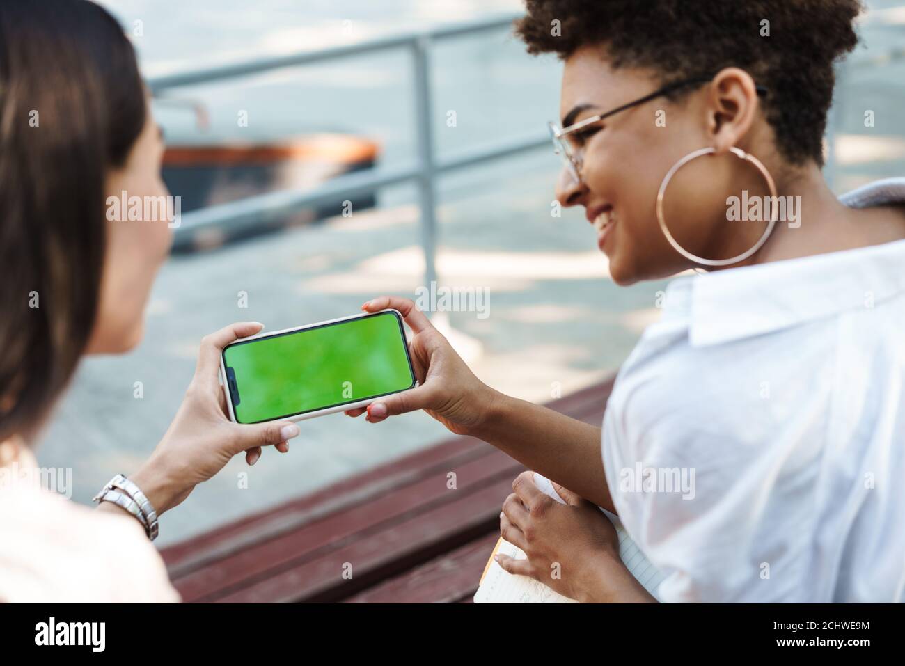 Top view blank phone screen two friends hi-res stock photography and ...