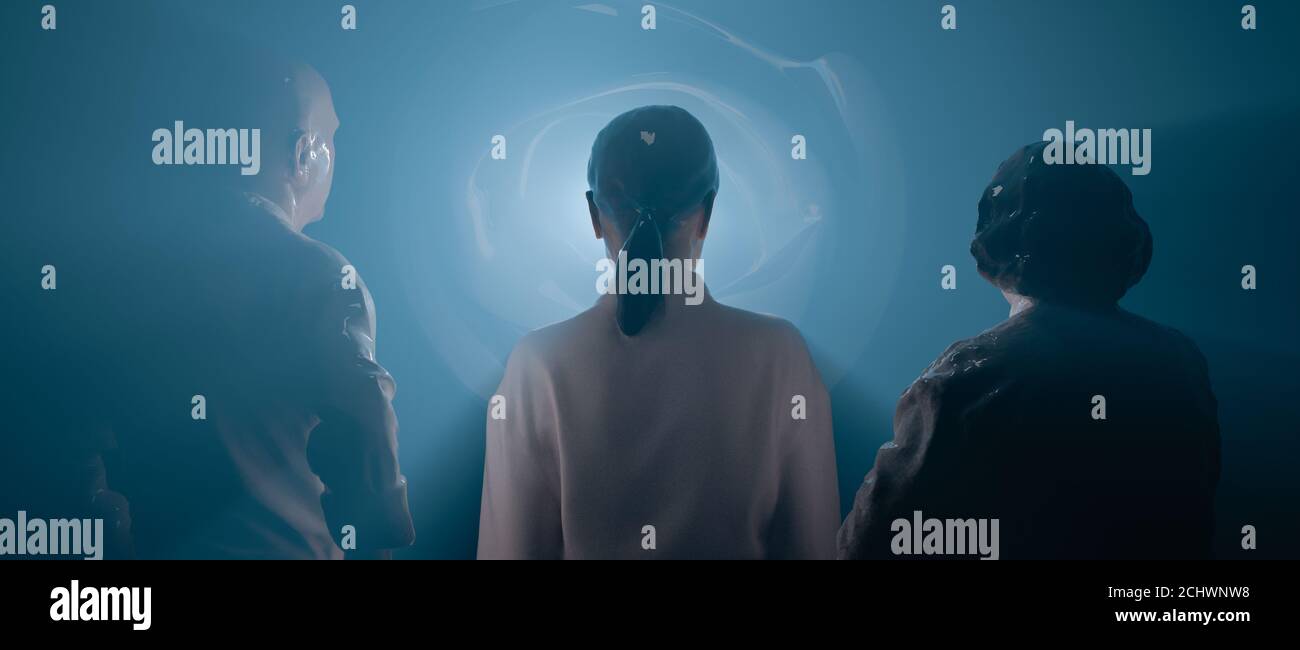 3d illustration of people looking at a light Stock Photo - Alamy