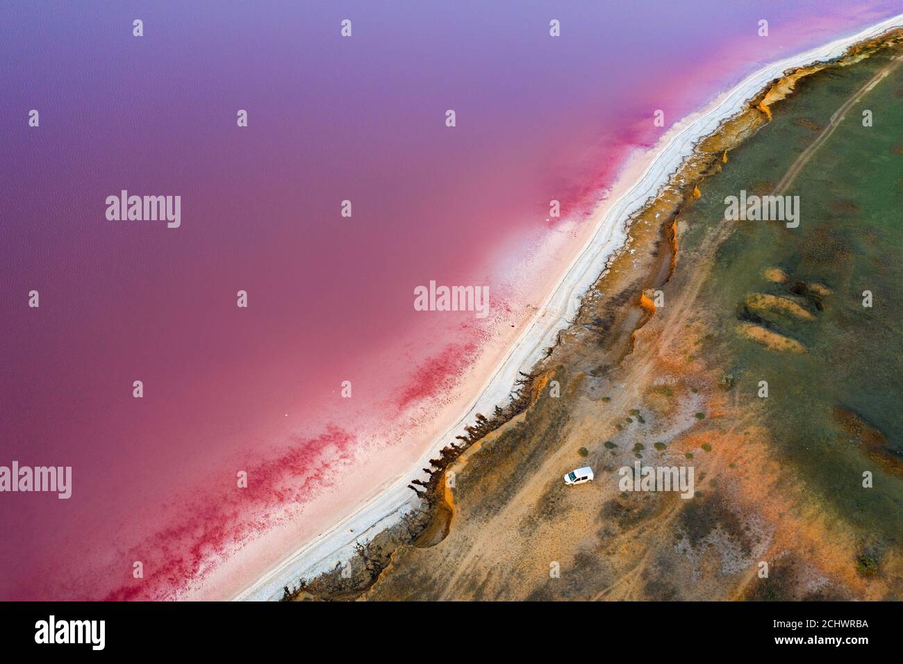 Top view of the salt-covered shore of Pink Lake Stock Photo - Alamy