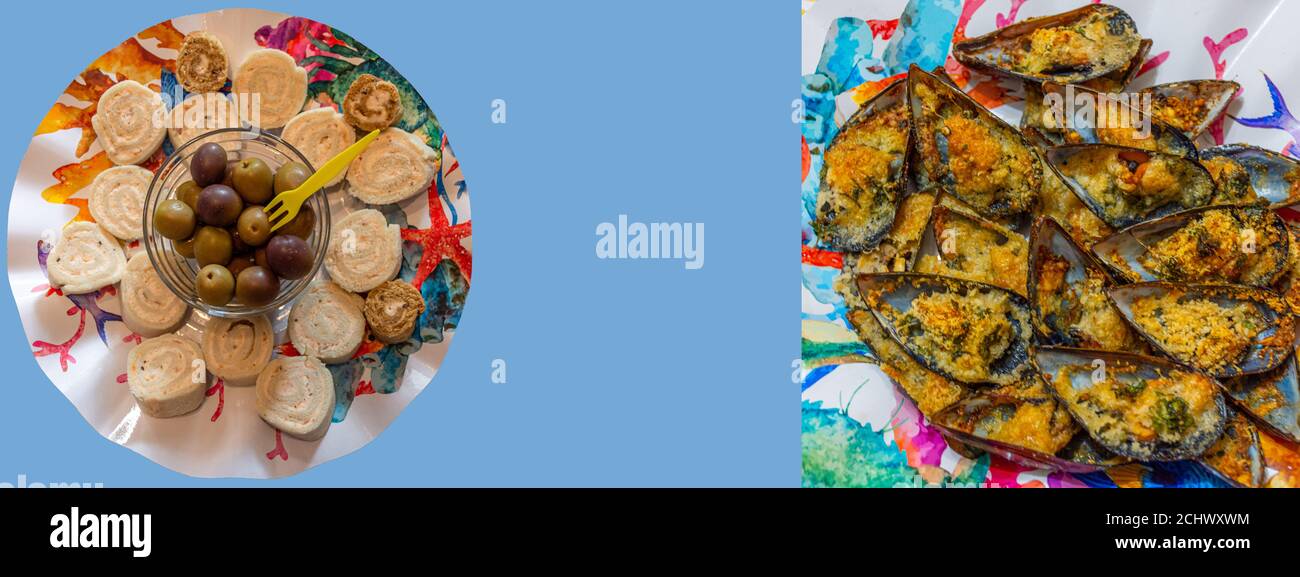 Seafood food isolated on light blue background with space for branding ...