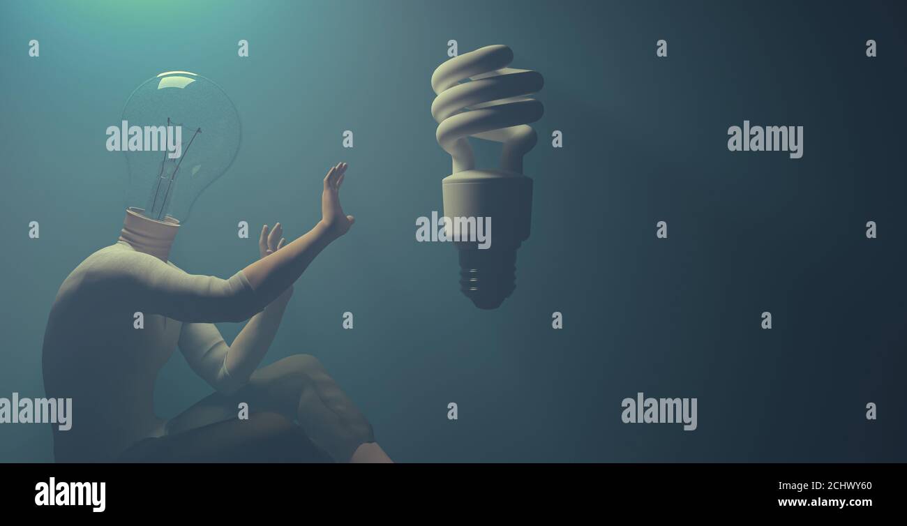 3d illustration of a person with a light bulb instead of his head ...