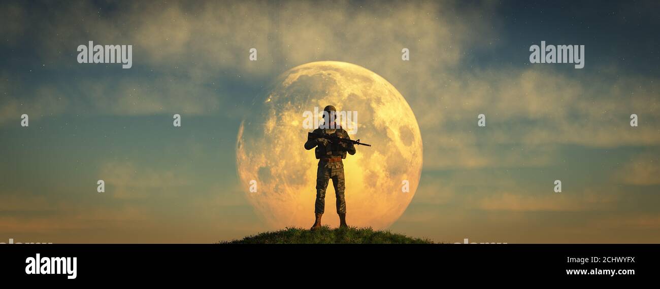 3d illustration of armed soldier guarding and moon Stock Photo - Alamy