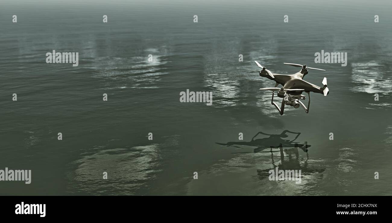 3d illustration of drone flying over the sea at water level Stock Photo ...
