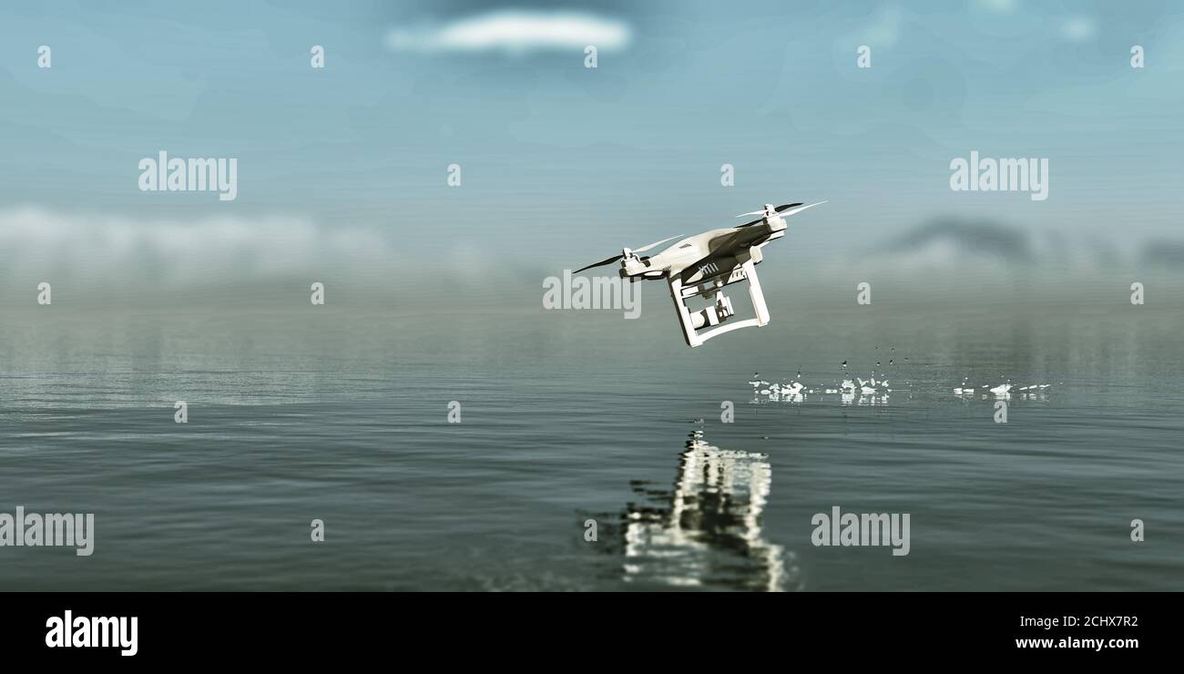 3d illustration of drone flying over the sea at water level Stock Photo ...