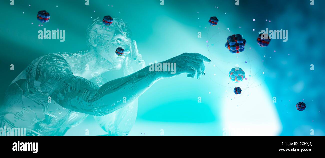 3D illustration of an atom in different colors and chip man Stock Photo ...