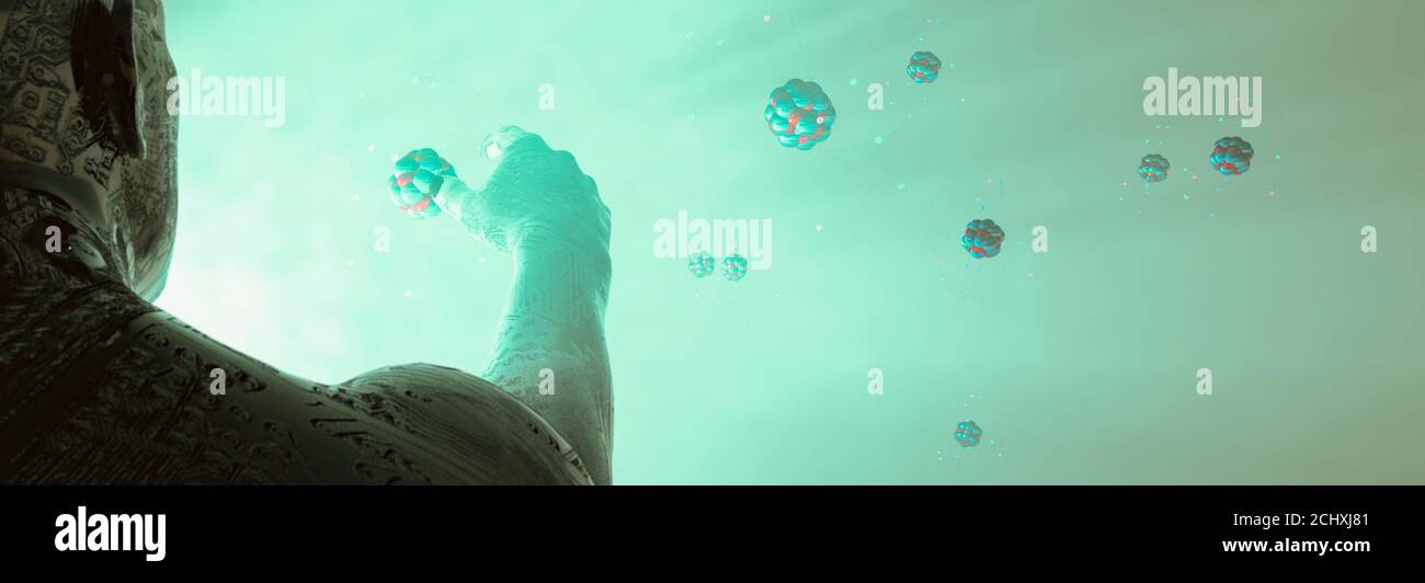 3D illustration of an atom in different colors and chip man Stock Photo ...