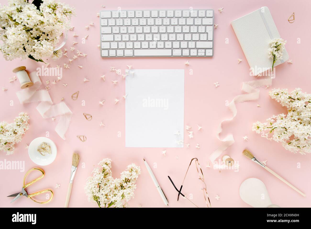 Office table desk with computer, lilac, clipboard. magazines. Top view ...