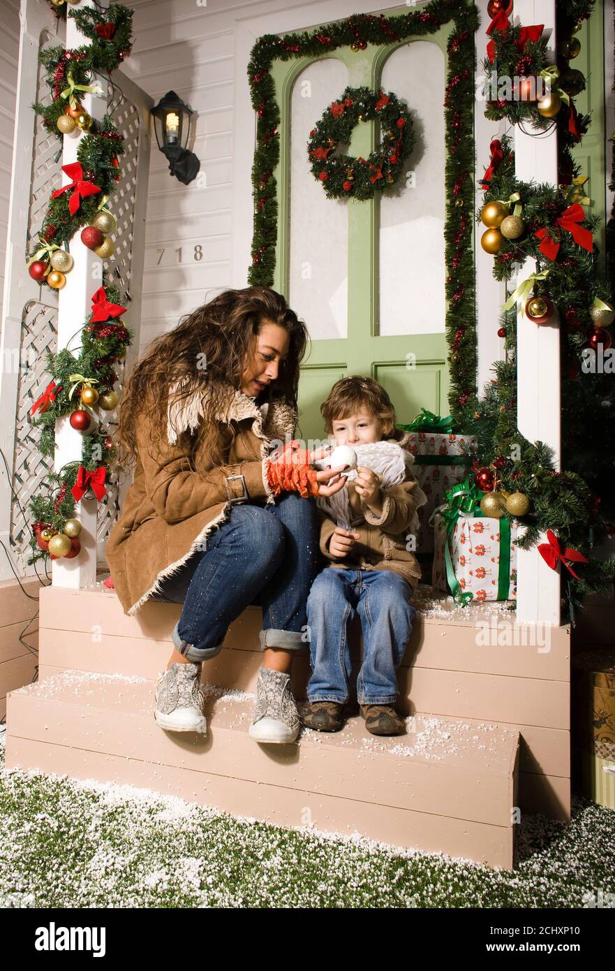 happy smiling family on Christmas at house with gifts, young mother and ...