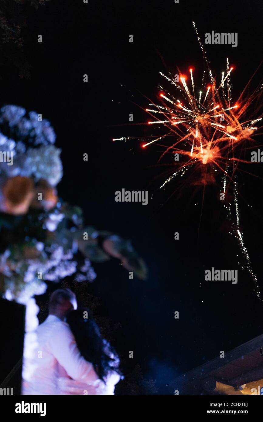 Silhouettes of bride and groom watching salute at the end of their ...