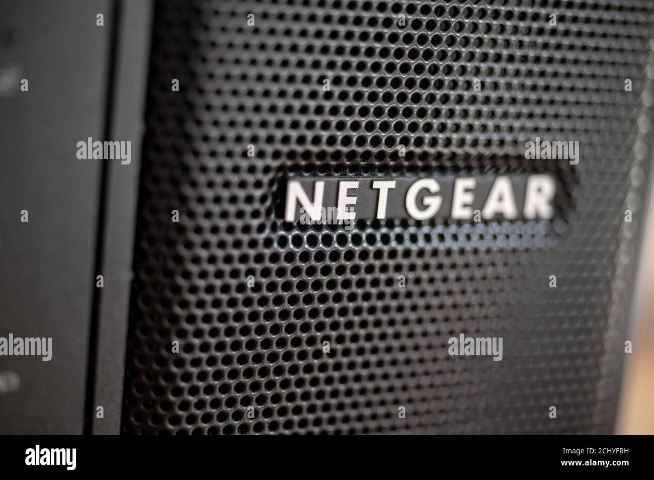 Closeup of Netgear NAS drive front panel chassis or casing with logo ...