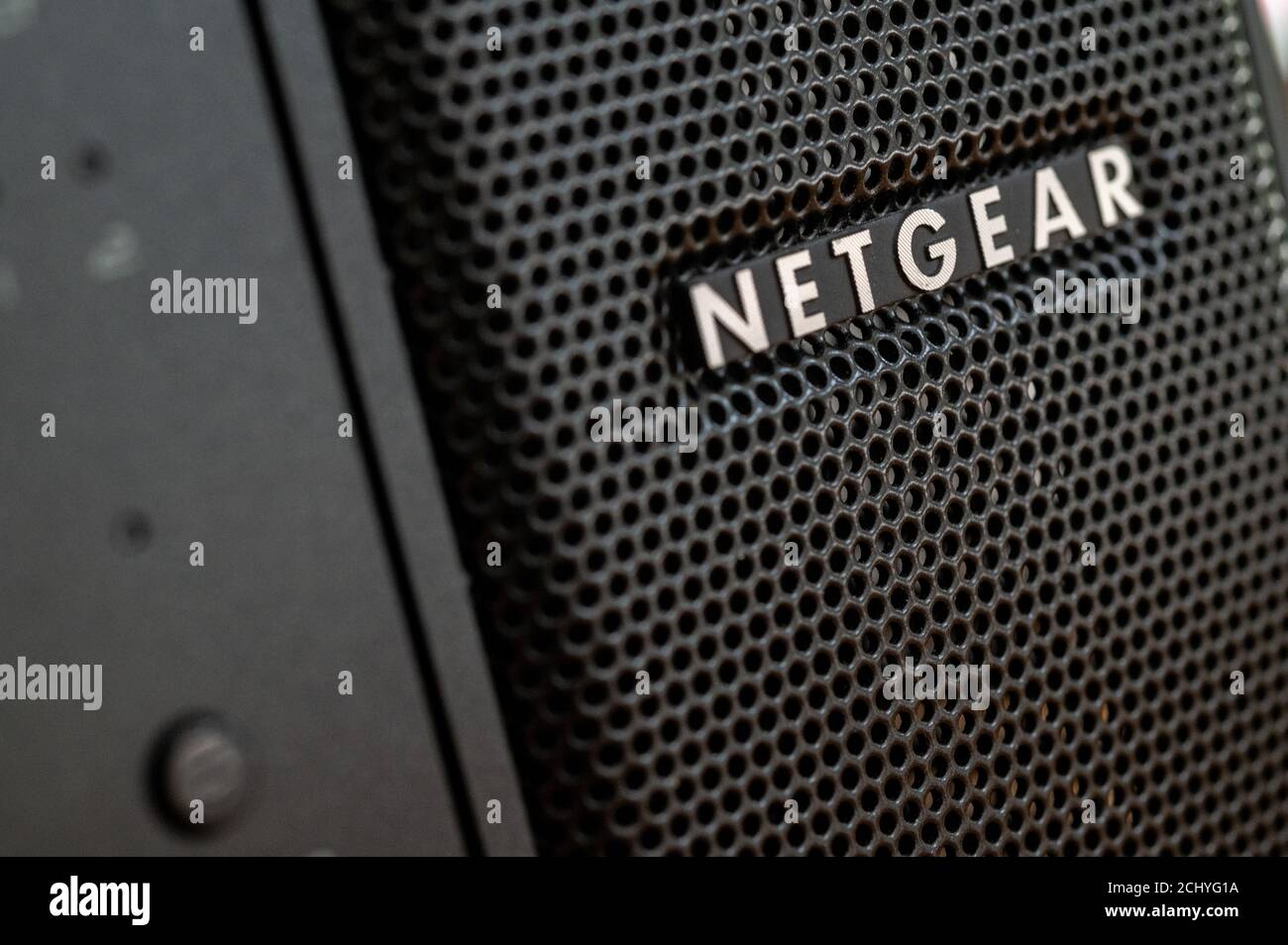 Closeup of Netgear NAS drive front panel chassis or casing with logo ...