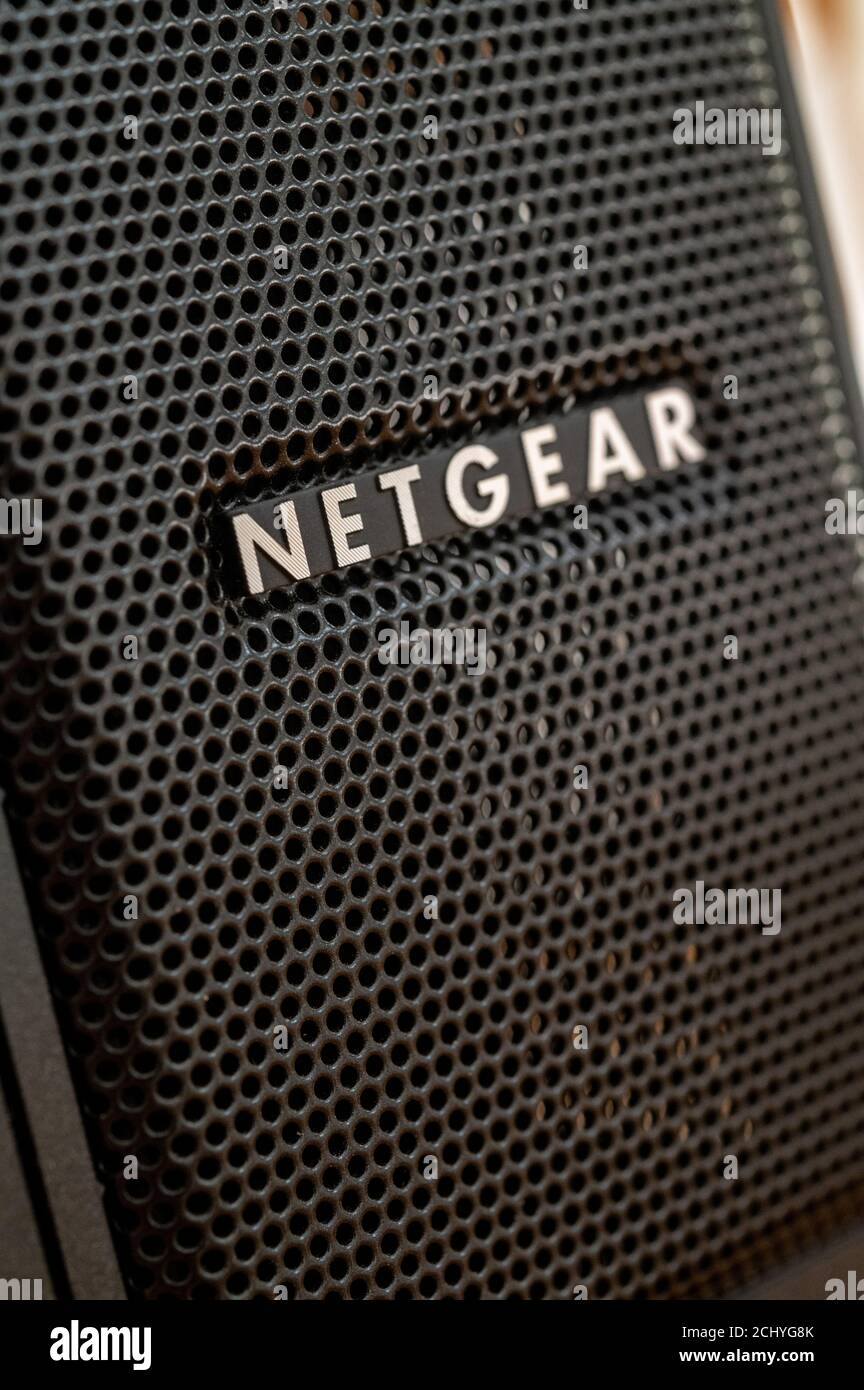 Closeup of Netgear NAS drive front panel chassis or casing with logo ...