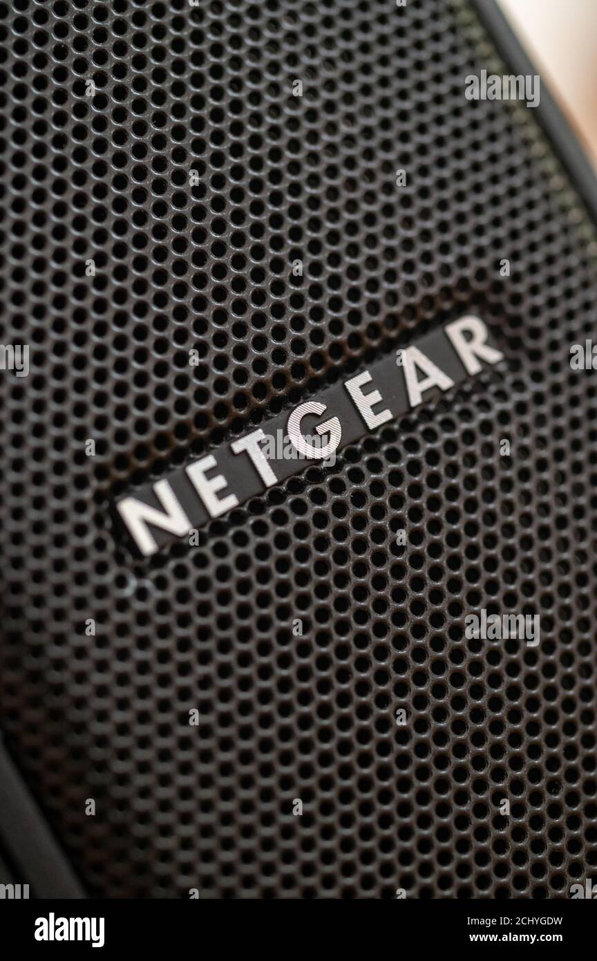 Closeup of Netgear NAS drive front panel chassis or casing with logo ...