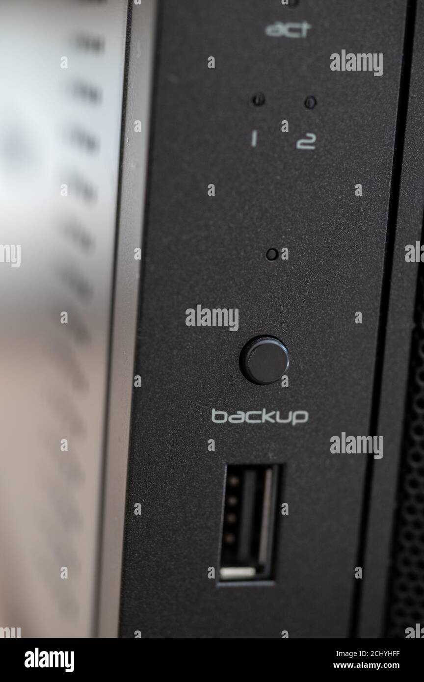 Closeup of Netgear NAS drive front panel chassis or casing with backup ...