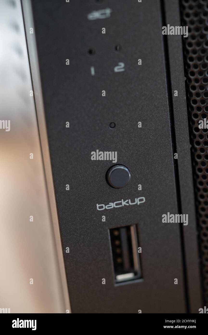 Closeup of Netgear NAS drive front panel chassis or casing with backup ...