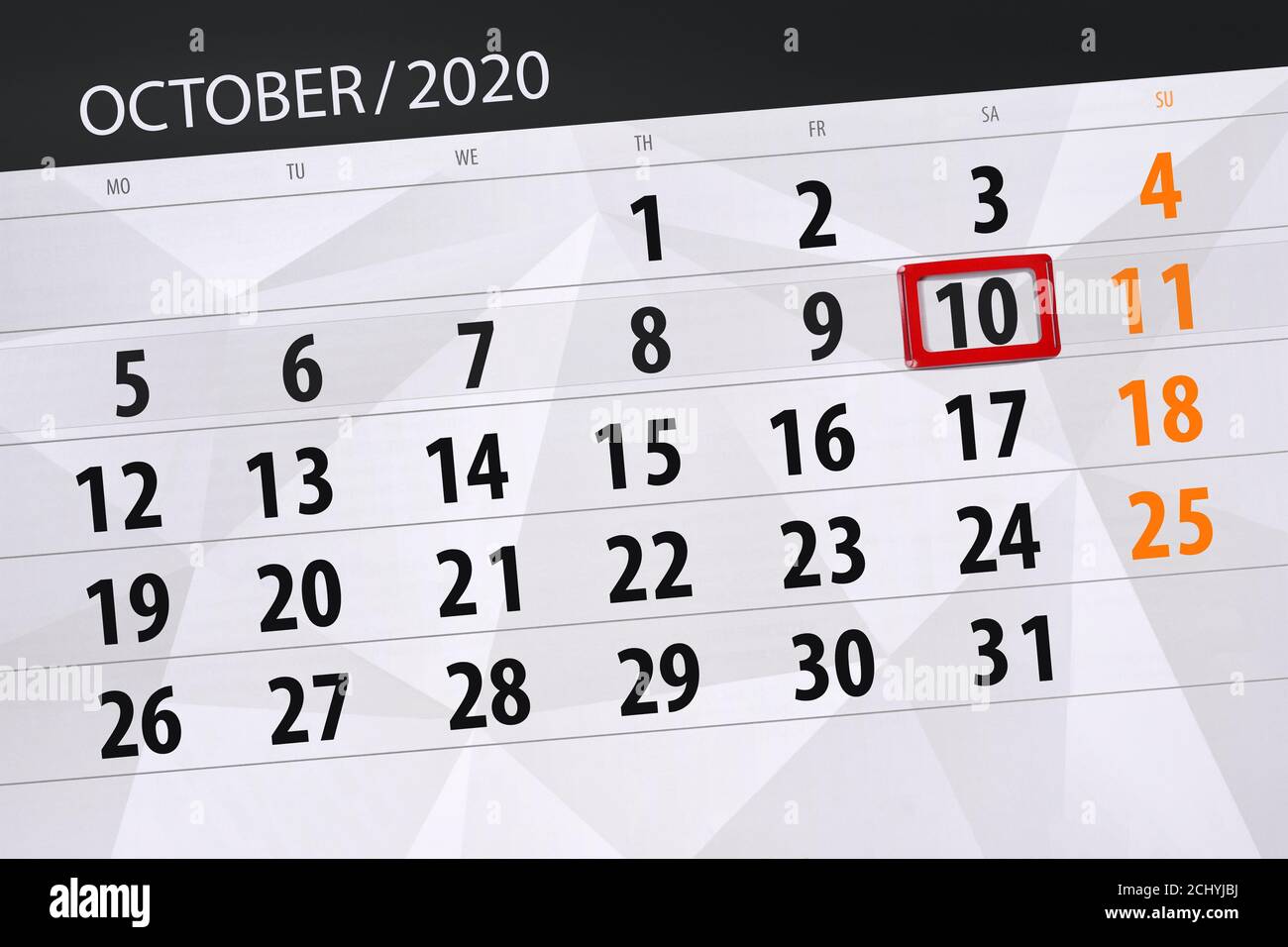Calendar planner for the month october 2020, deadline day, 10, saturday ...
