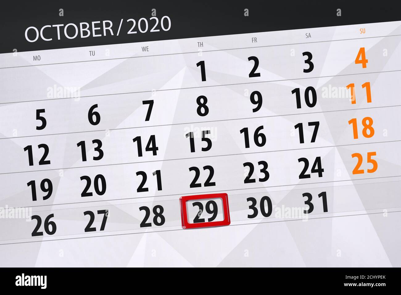 Calendar planner for the month october 2020, deadline day, 29, thursday ...