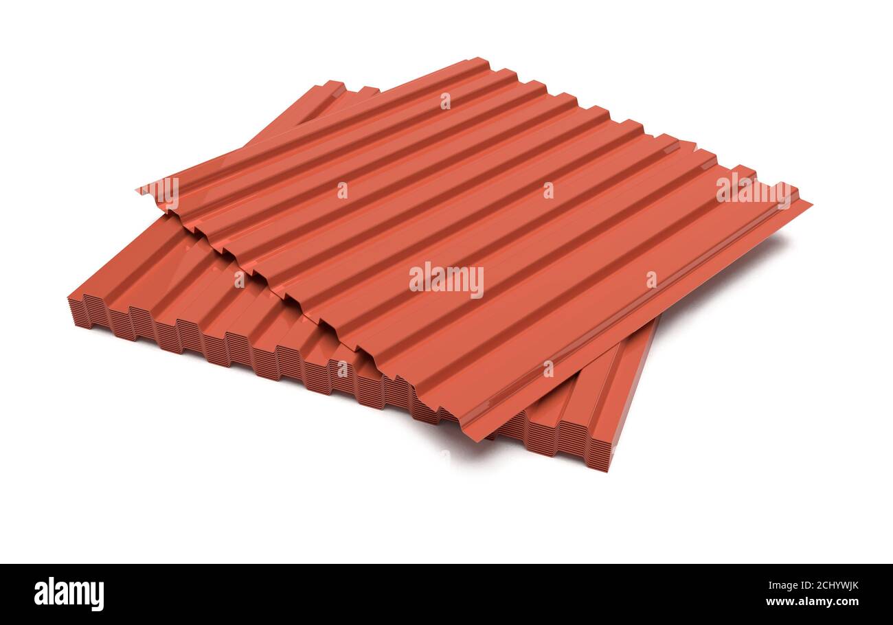 Metal sheets for roofing on a white background, 3D render. Steel ...