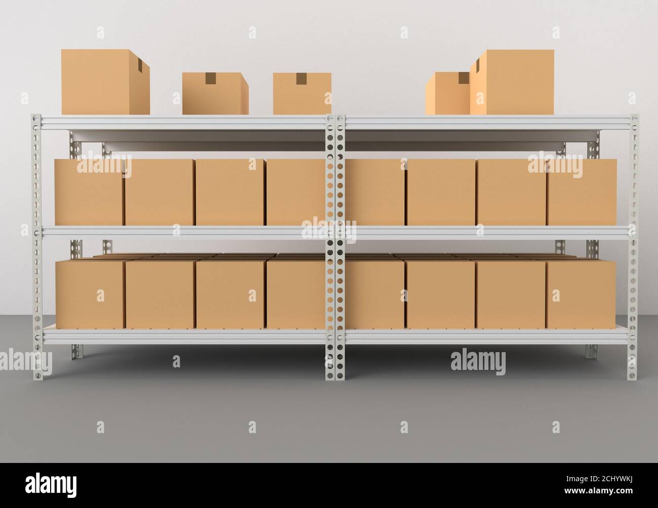 Warehouse shelves with boxes 3d render illustration Stock Photo - Alamy