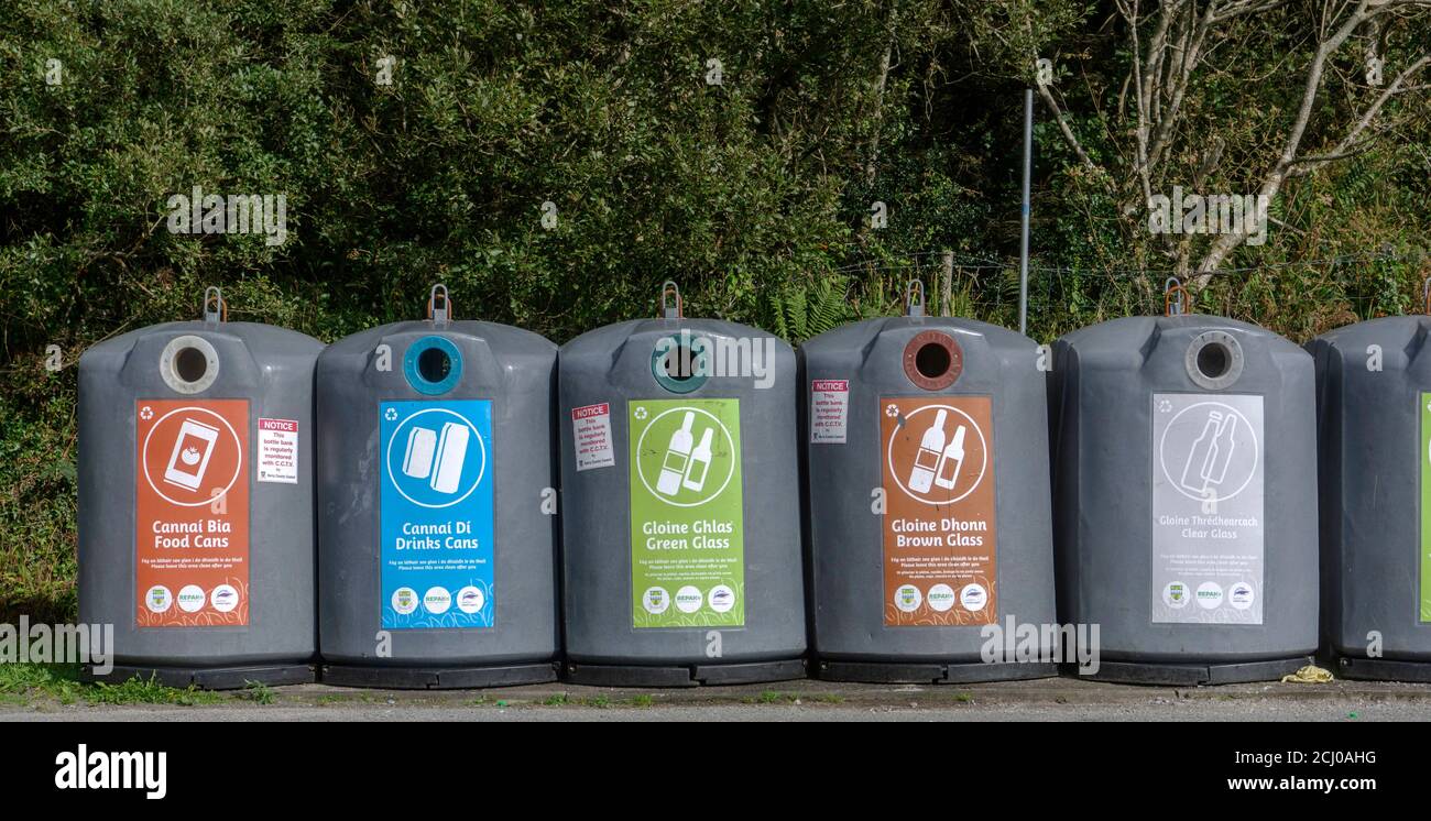 Recycling. On the Ring of Kerry in Ireland a group of glass and can ...
