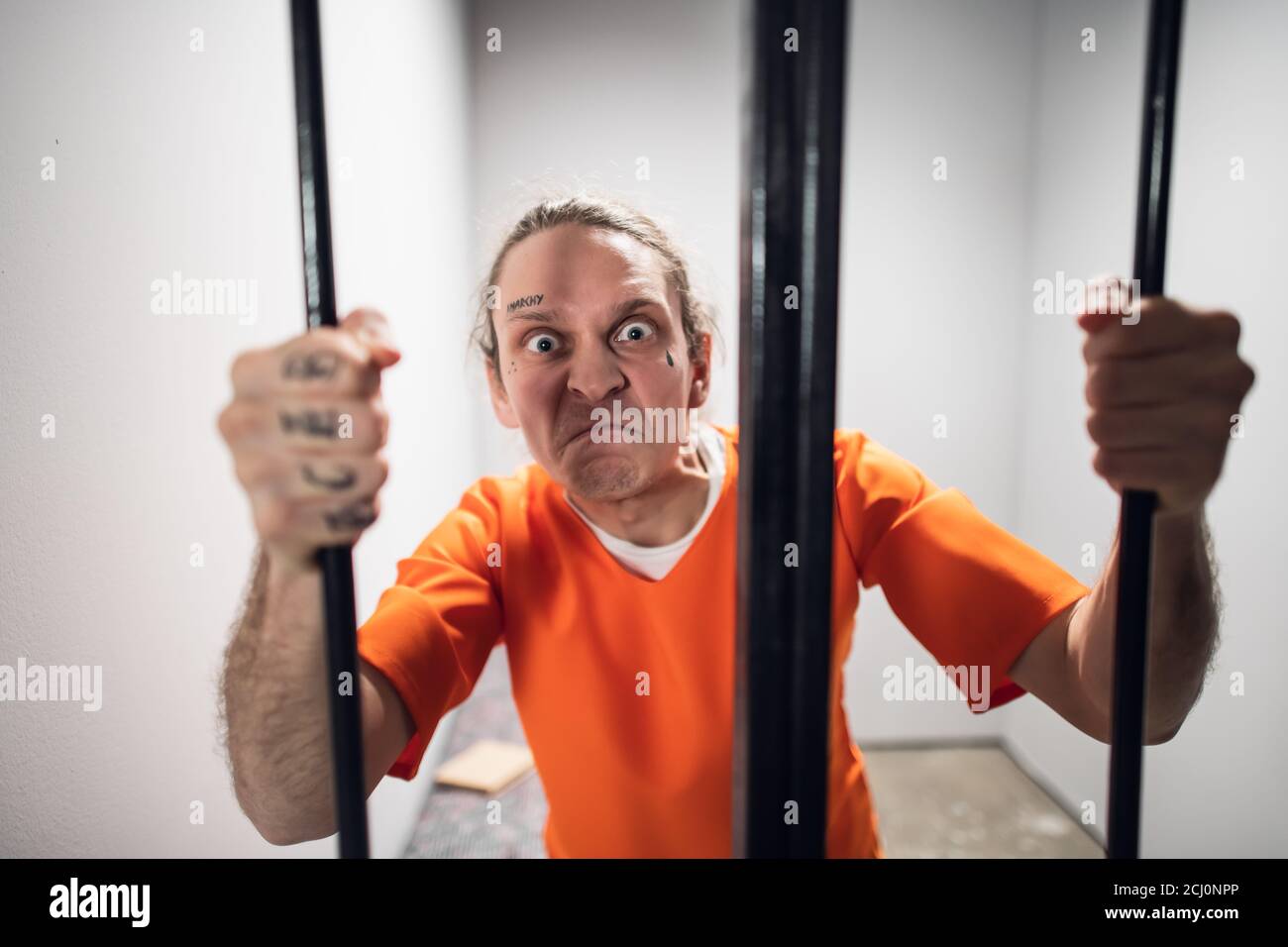Psychological portrait of an evil and wild prisoner through the bars of ...