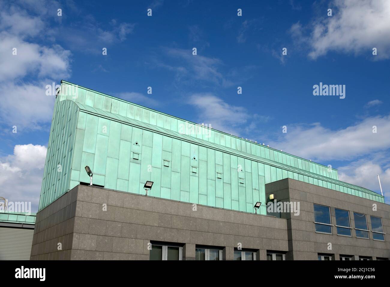 Copper roof, & blue sky, of Lakeside Arts Centre, Highfields ...