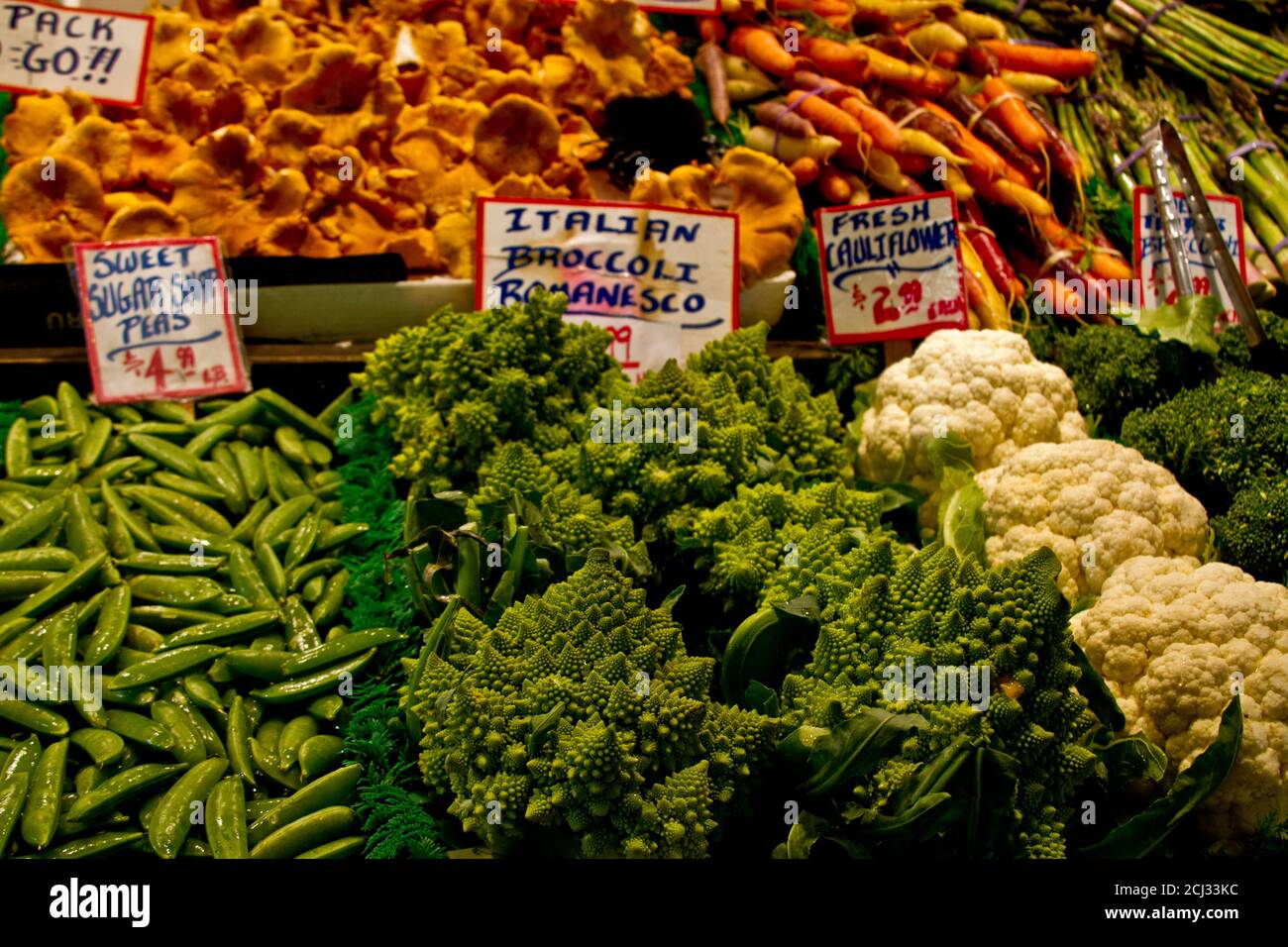 Italian Broccoli and Snap Peas on display at Pike Market, Seattle, WA ...