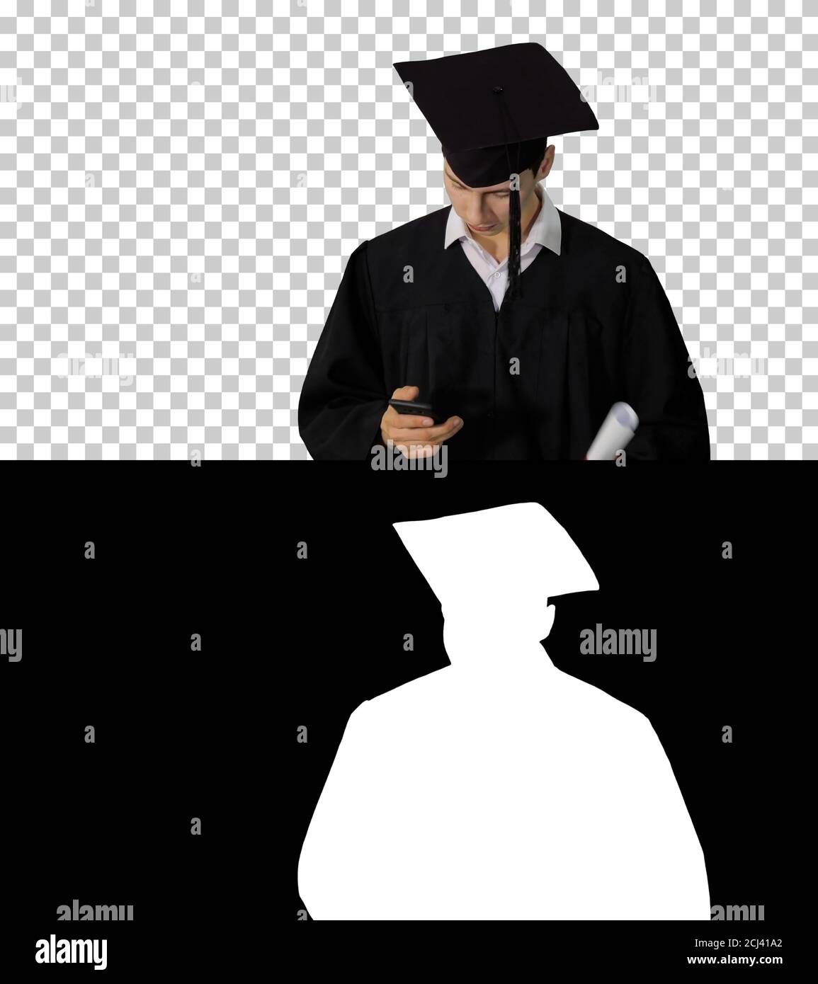 Graduate student walking hand texting message on the phone, Alph Stock ...