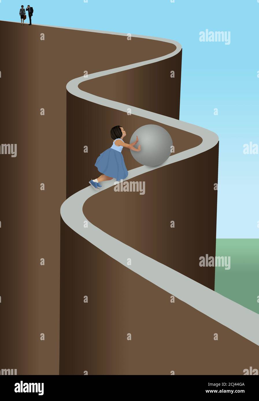 A young girl pushes a large metallic ball up a narrow steep and ...