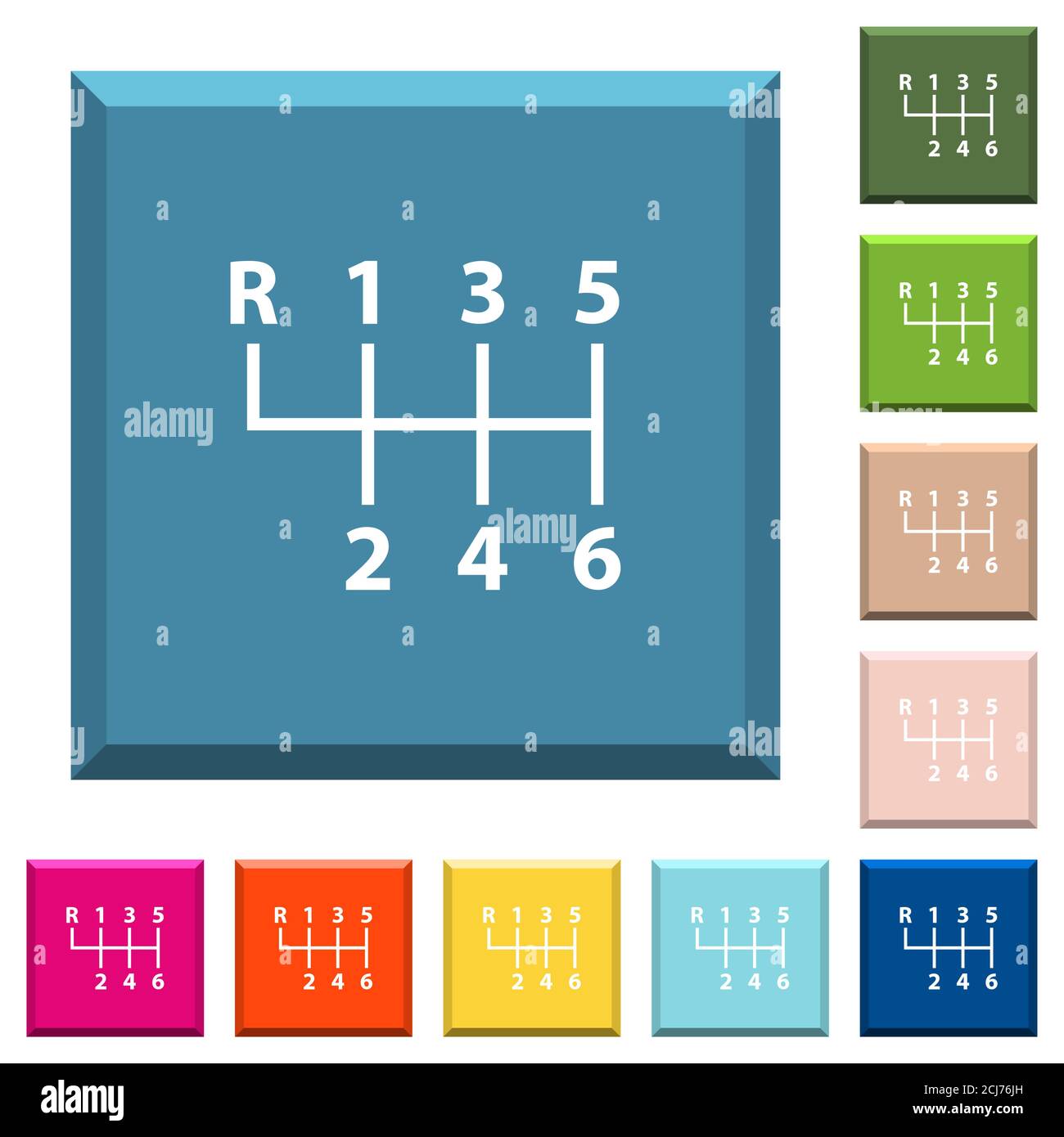 Six speed manual gear shift white icons on edged square buttons in ...