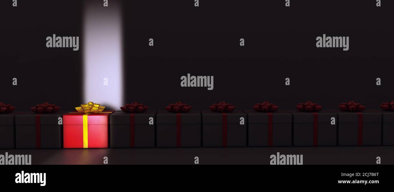 Gift box in ray of light. Row of gift boxes in dark room. The concept ...