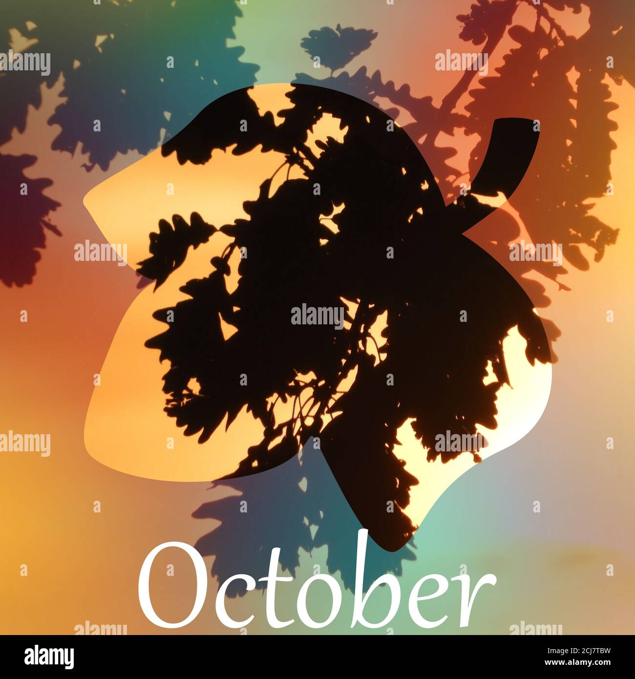 Closeup shot of an autumn nature scenery in an acorn-shaped frame, text ...