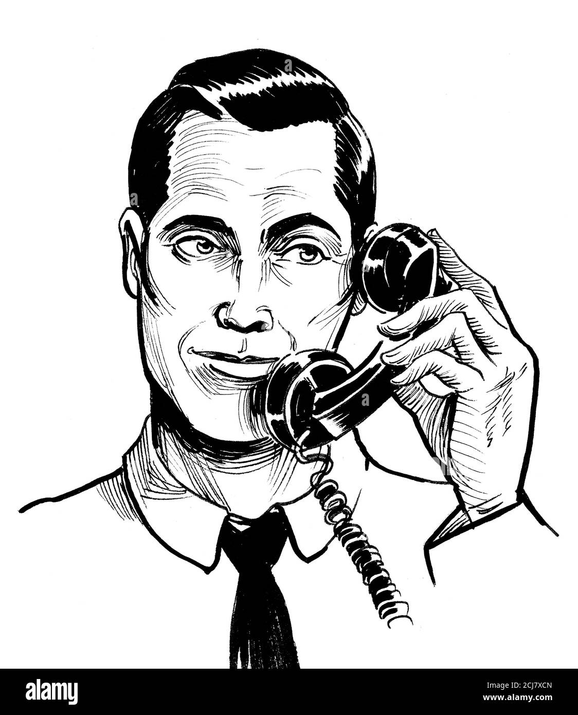 Handsome man talking over retro telephone. Ink black and white drawing ...