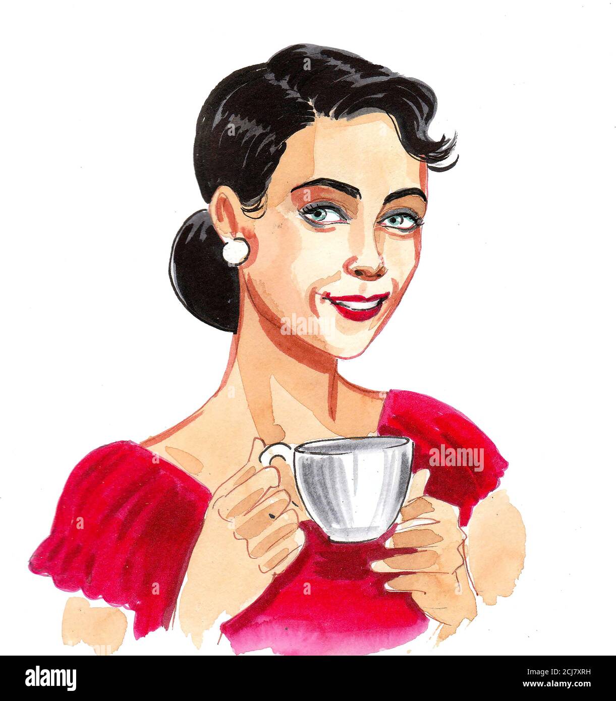 Pretty brunette woman drinking a cup of coffee. Ink and watercolor ...