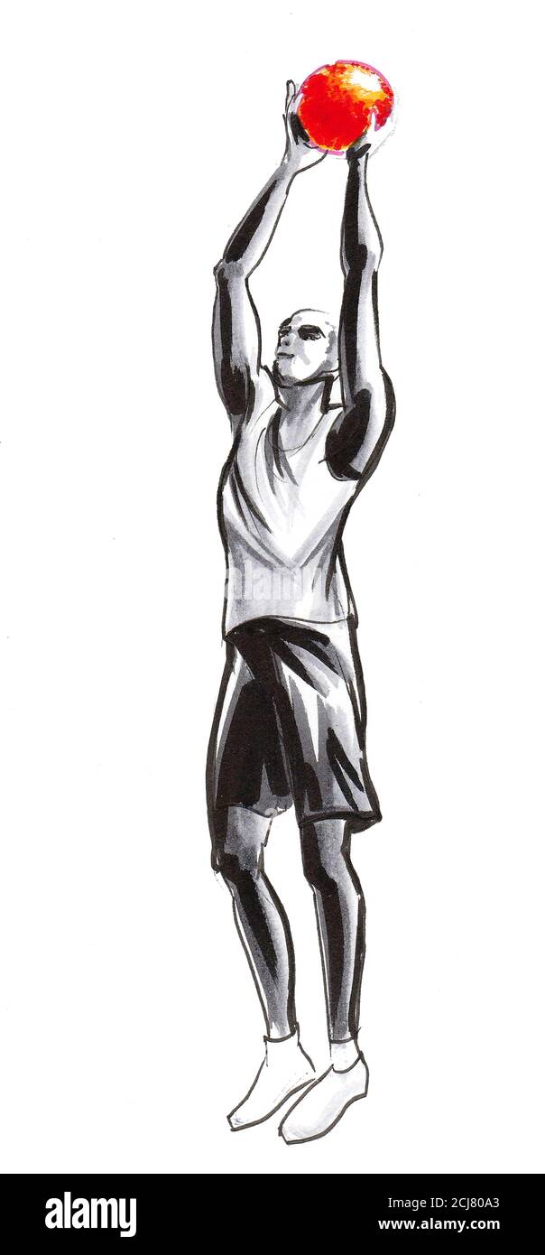 Young athlete throwing basketball ball. Ink and watercolor drawing ...